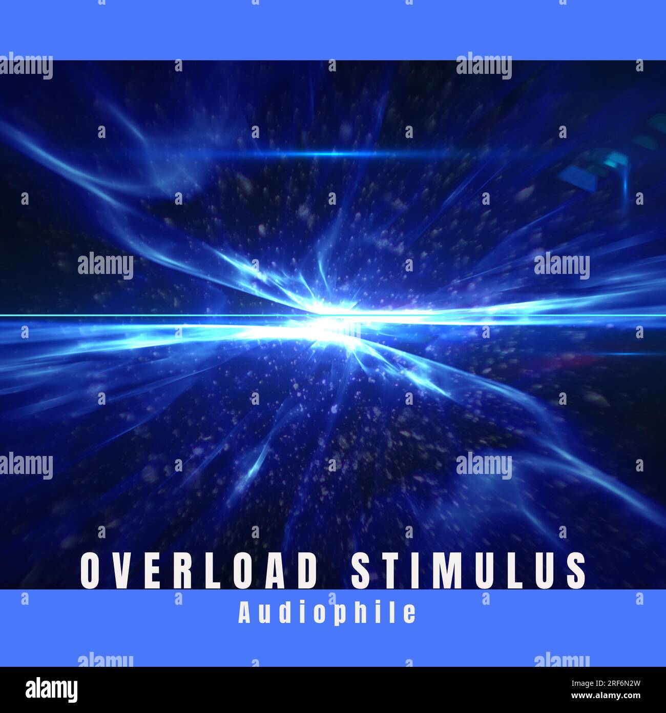 Composition of overload stimulus audiophile text over blue light trails ...