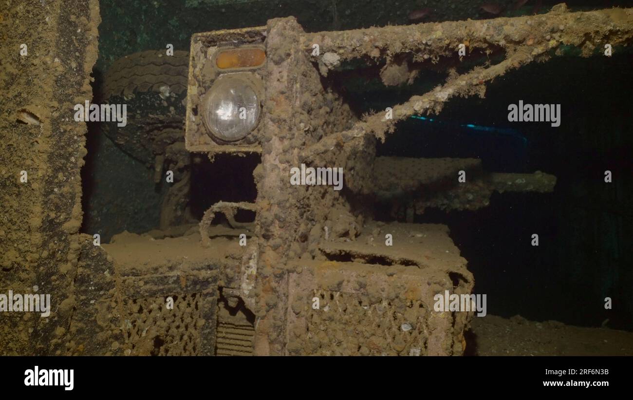 Close-up of truck cab lying on its side inside hold of ferry Salem ...