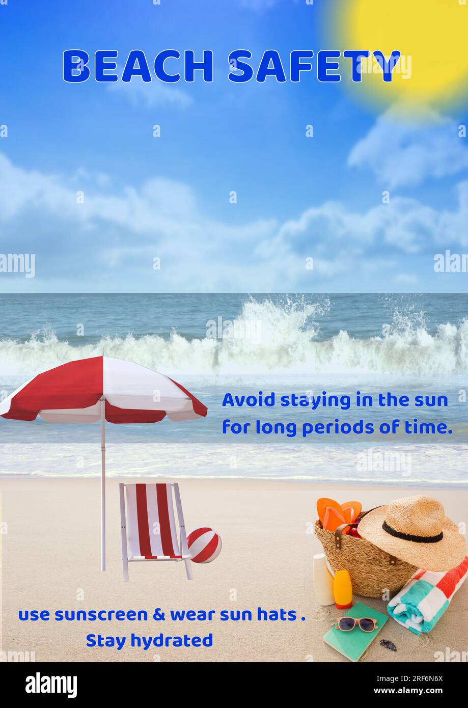 Composition of beach safety text over beach and seaside Stock Photo - Alamy