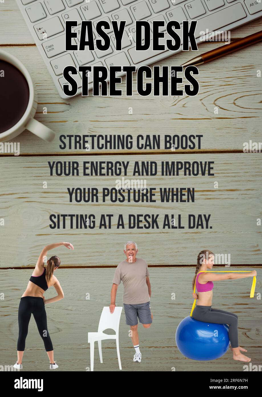 Composition of easy desk stretches text over keyboard and coffee on ...
