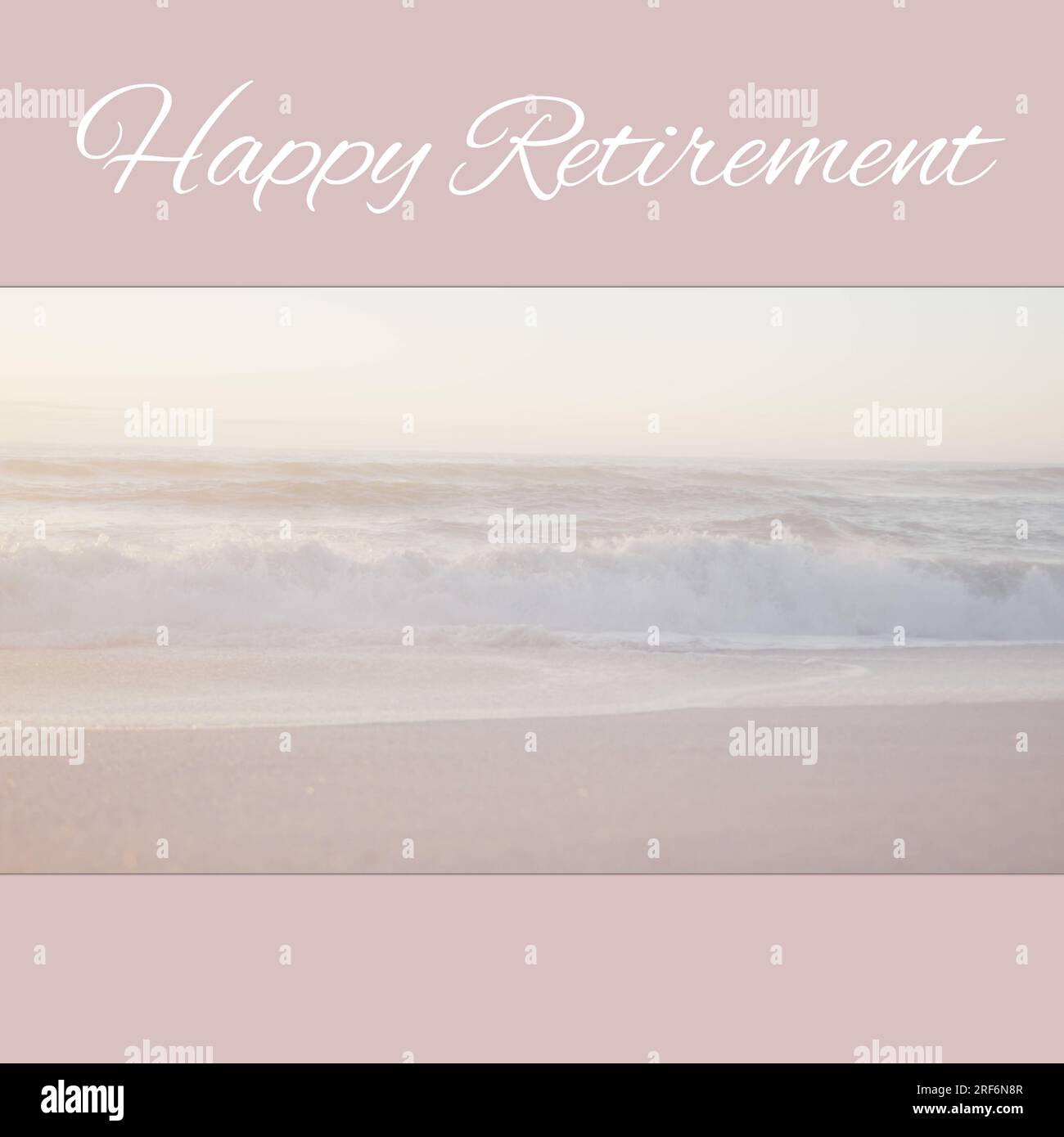 Composition of happy retirement text over seaside Stock Photo - Alamy