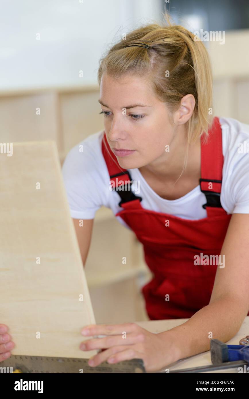 portrait view of attractive hardworking professional female carpenter ...