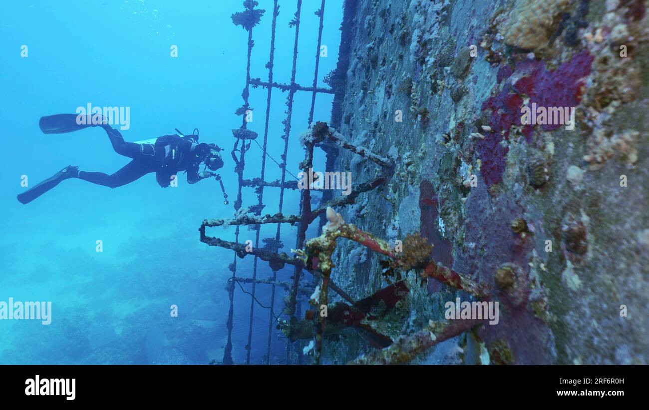 Scuba diver filming deck of ferry Salem Express shipwreck, Red sea ...