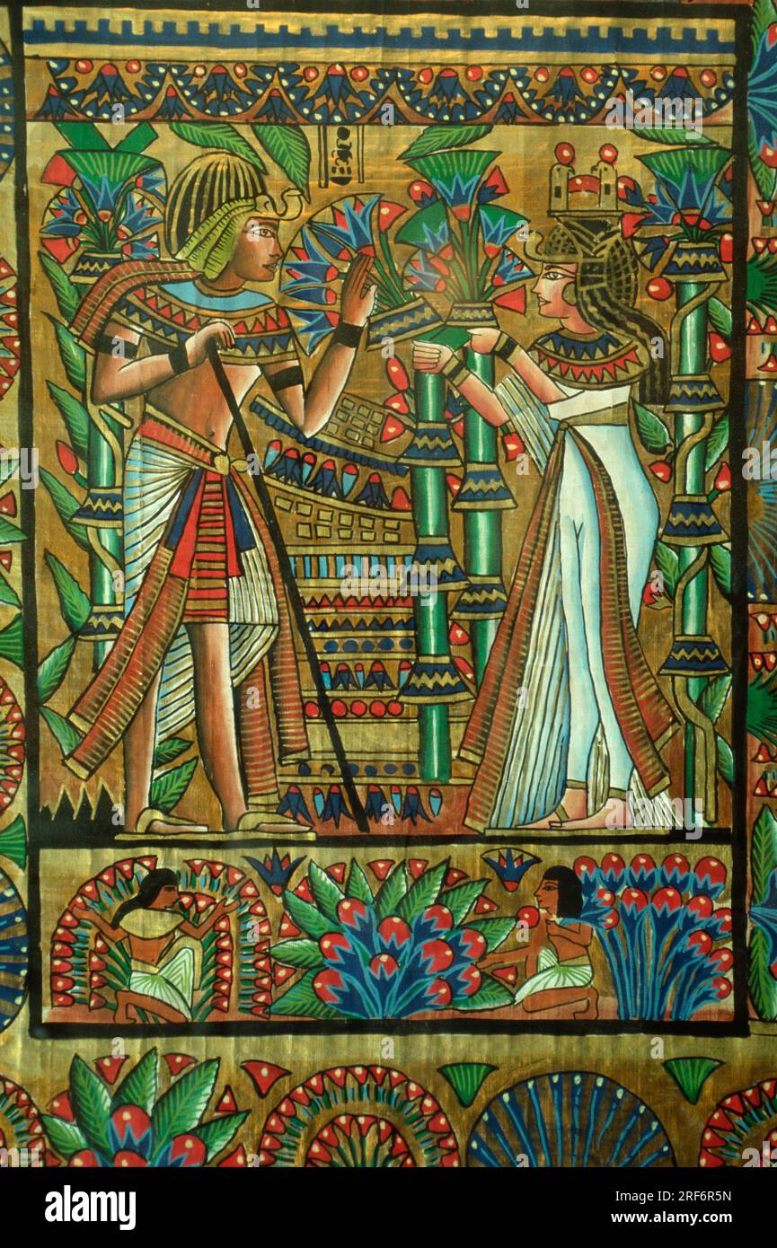 Vintage Hand Painted Egyptian Papyrus Realistic Art Depicts Queen