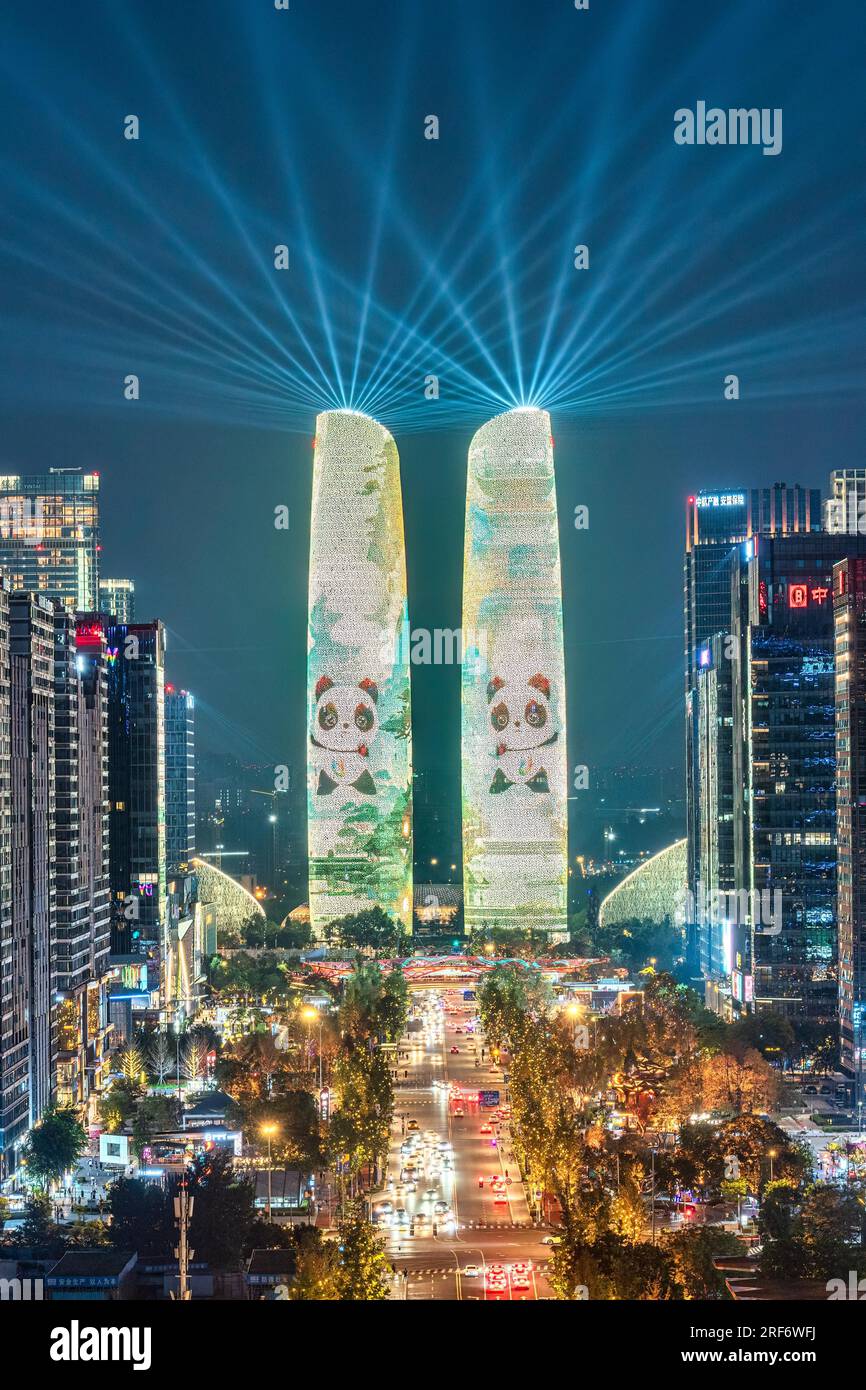 A light show on the twin towers celebrates Chengdu University Games in ...
