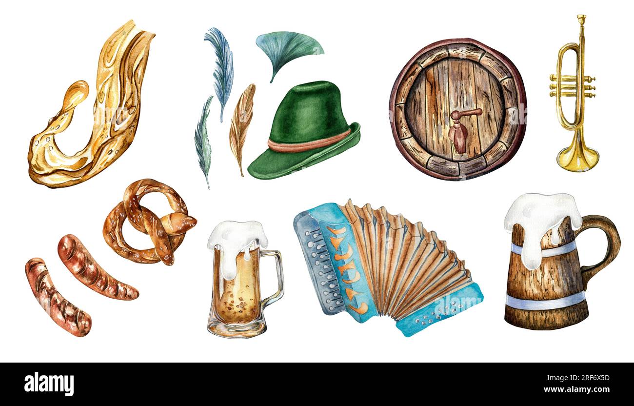 Set of wooden barrel, pint of beer, german hat, accordion watercolor ...