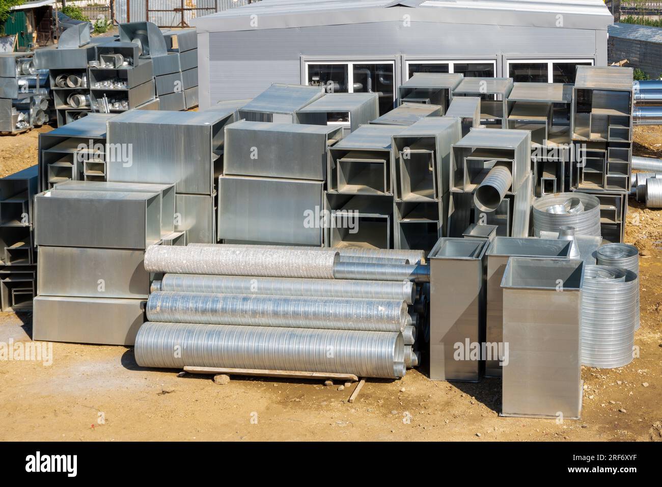 Sheet metal spiral duct in industrial manufacturing warehouse ...