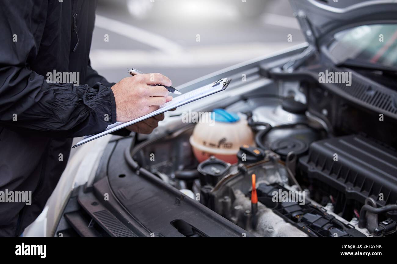 Car insurance, checklist and man writing on documents for compliance ...