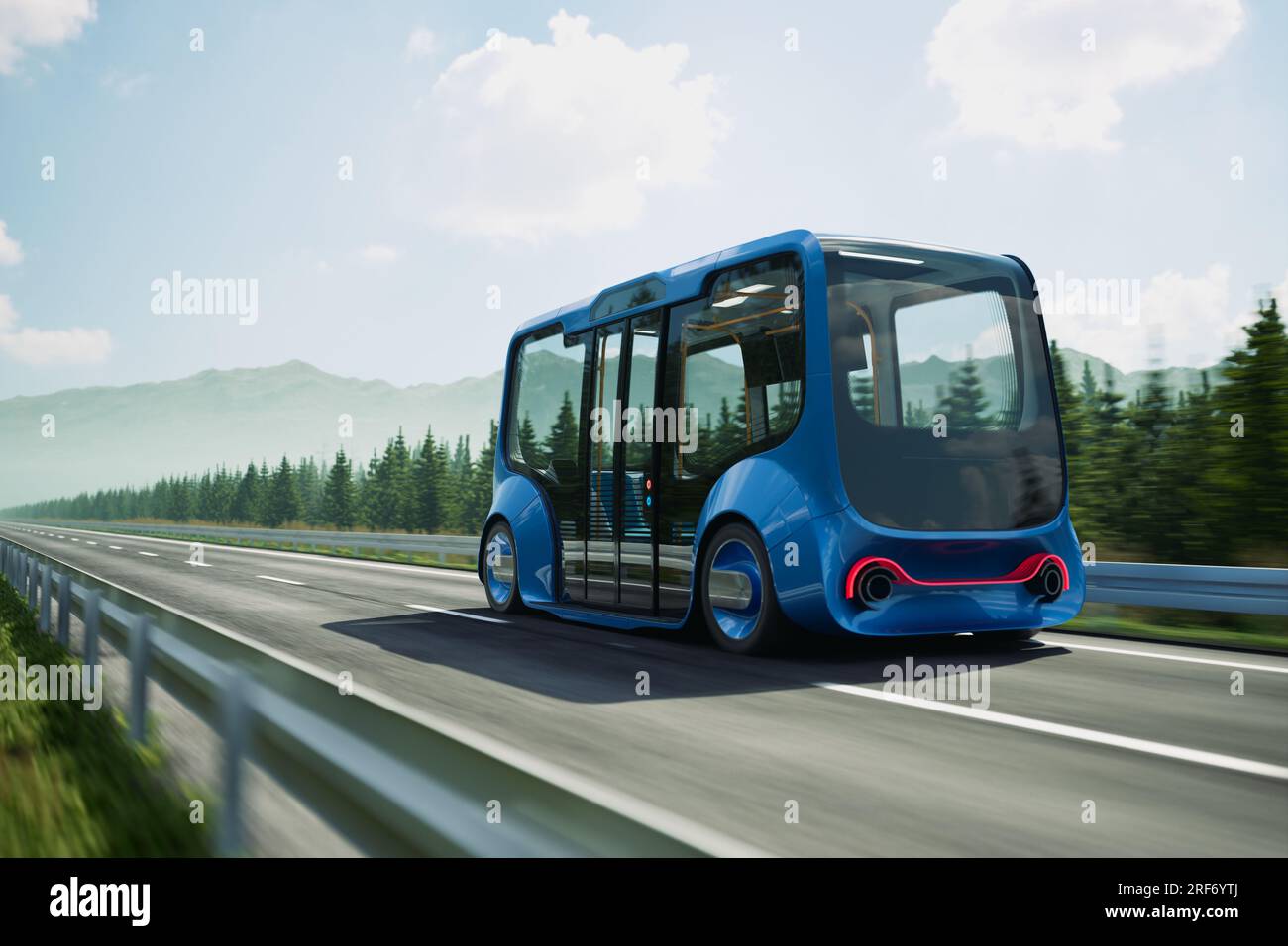 An autonomous electric smart bus coming up the road in a mountain ...