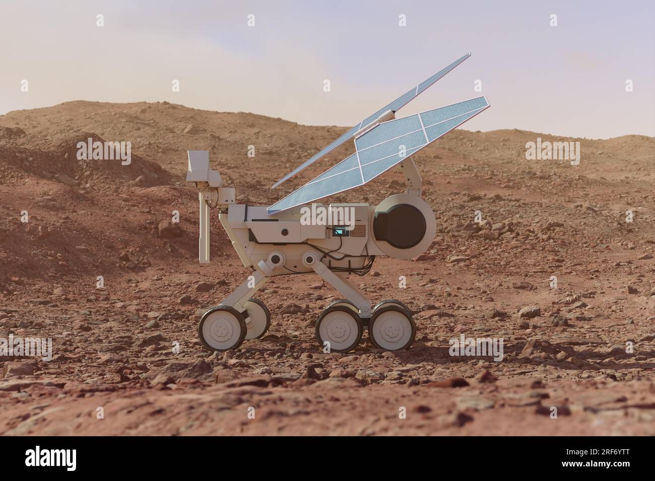 Planetary rover charging batteries while exploring the red planet. The ...