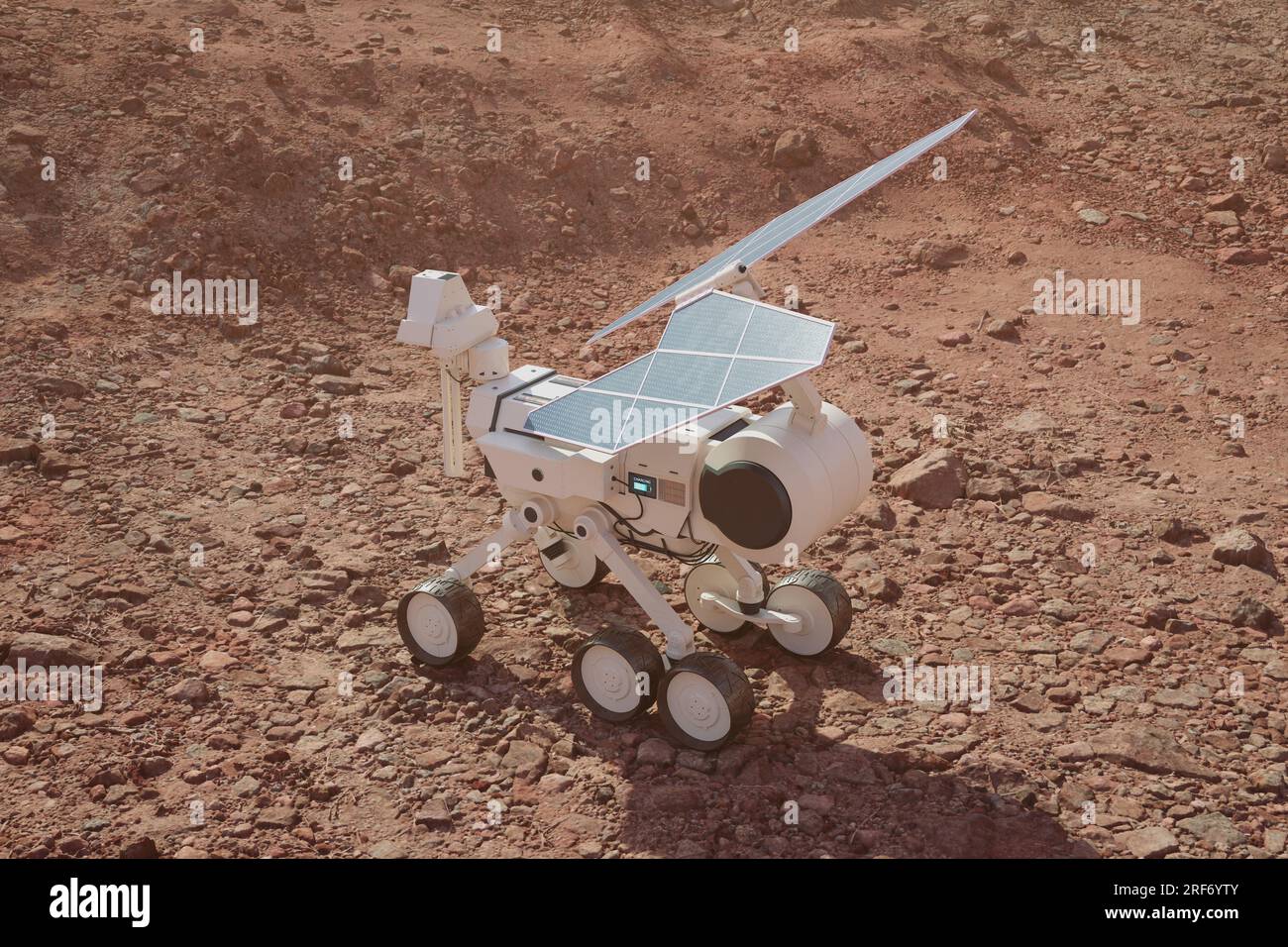 Planetary rover charging batteries while exploring the red planet. The ...