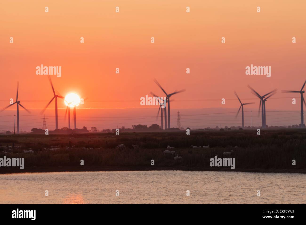 England, Kent, Romney Marsh, Sunrise and Onshore Wind Turbines Stock ...