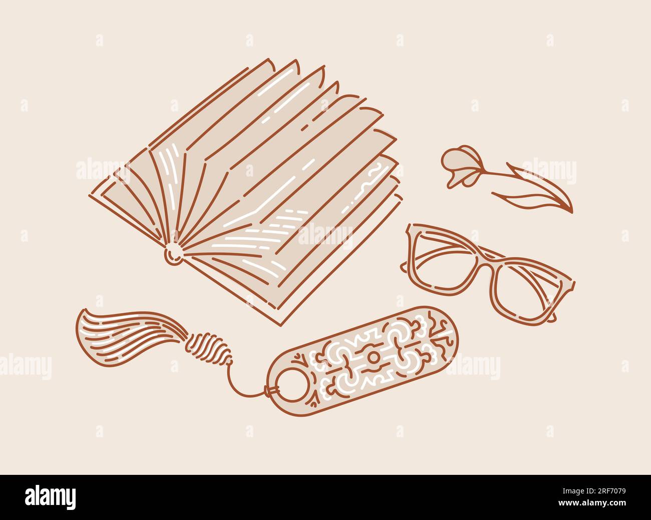 Open book, glasses and a flower. Bookmark with ethnic pattern and silk ...