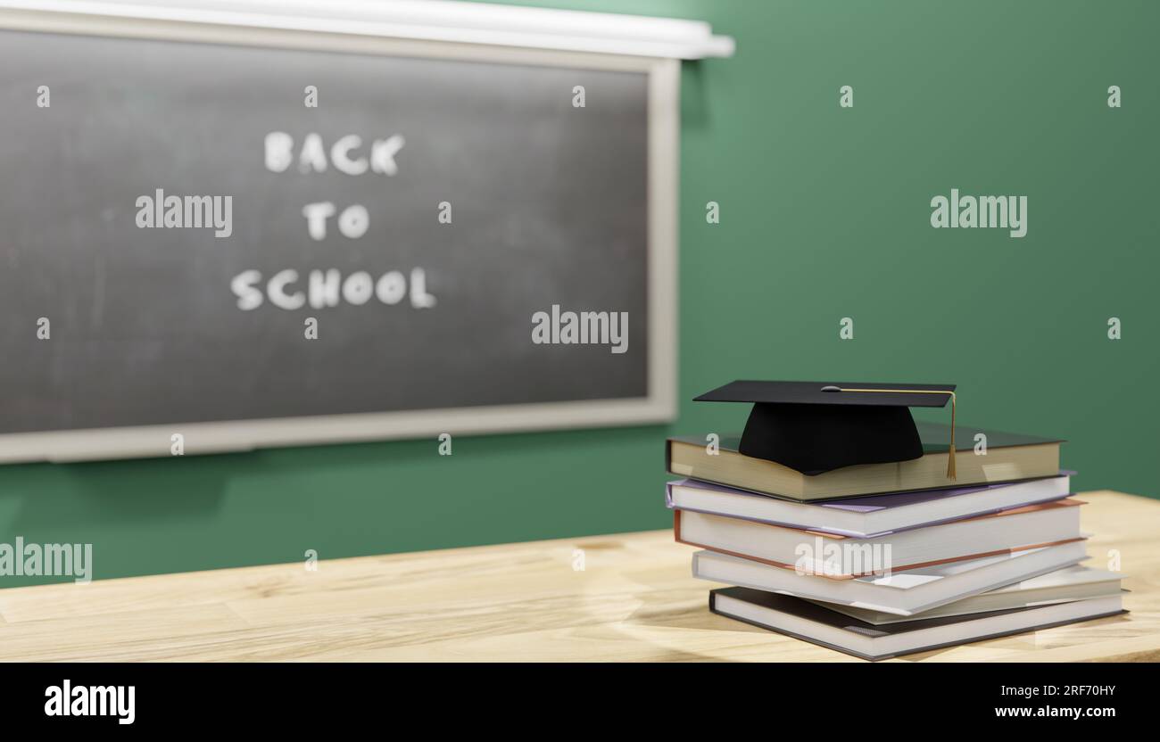 Classroom scene with blackboard, books, desk, and graduation cap Stock ...