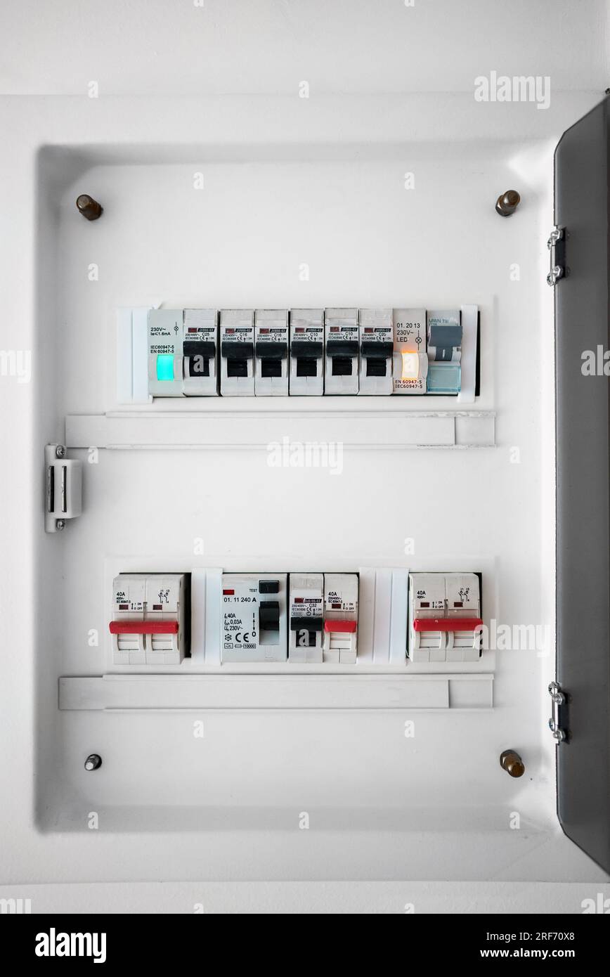 Close-up view of switches on fuse board Stock Photo - Alamy