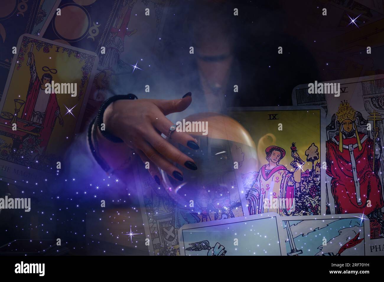 Multiple exposure with tarot cards and photo of soothsayer using ...