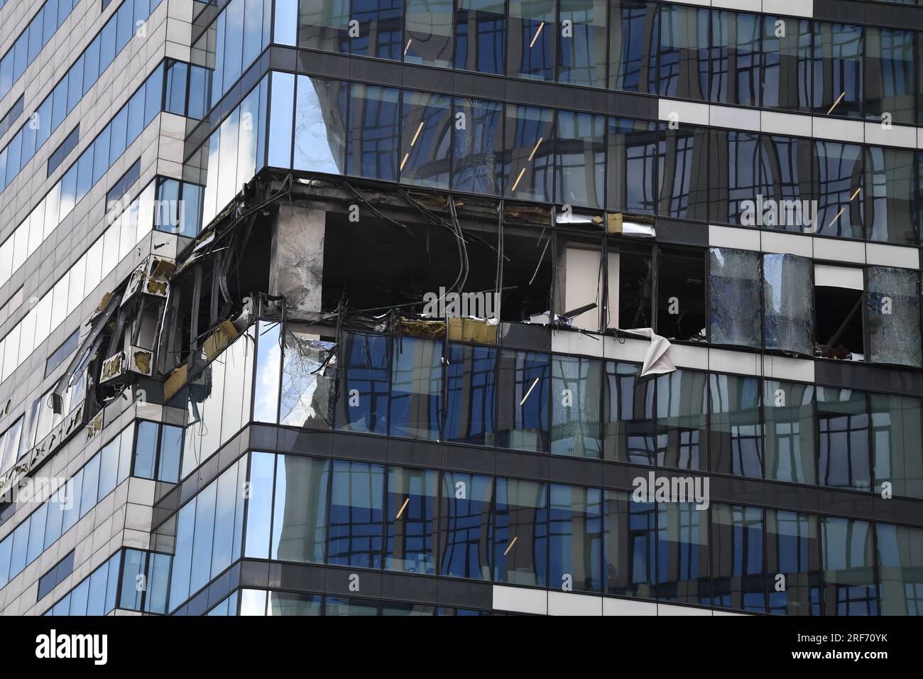 Moscow. Damage and broken glass in the building of the Moscow City ...