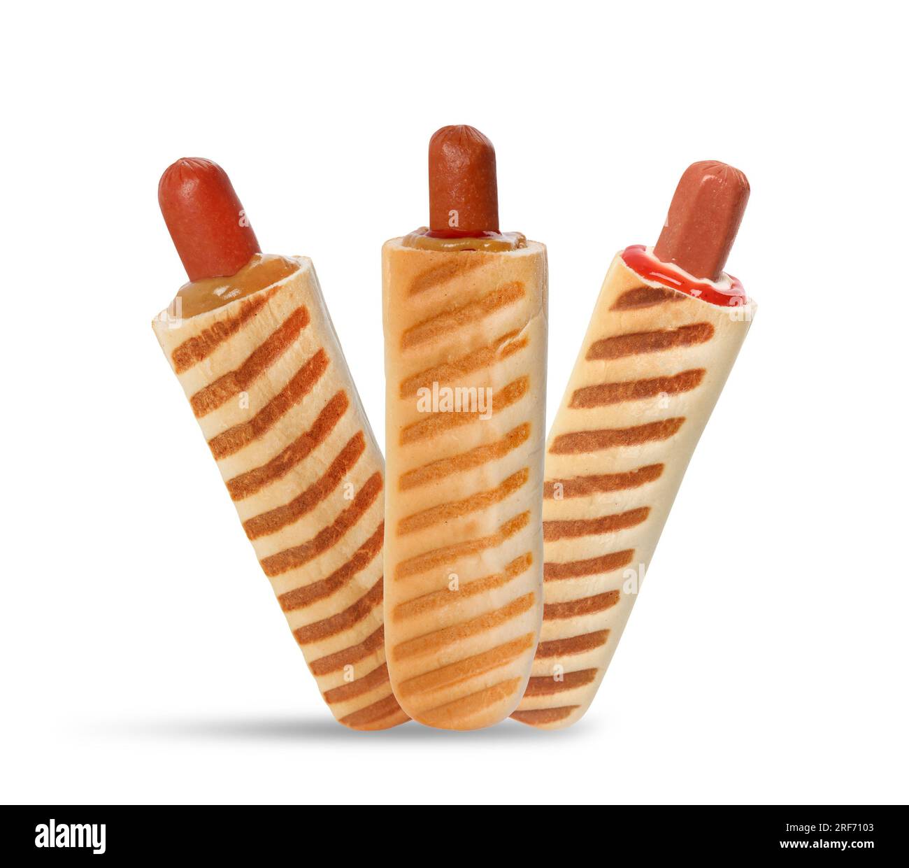 Set of yummy French hot dogs with grilled buns and different sauces ...