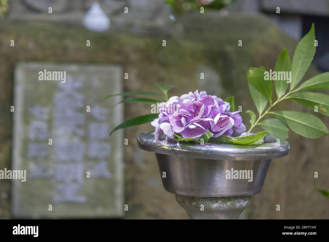 Traditional offering of flower placed on a tomb in a Japanese graveyard ...