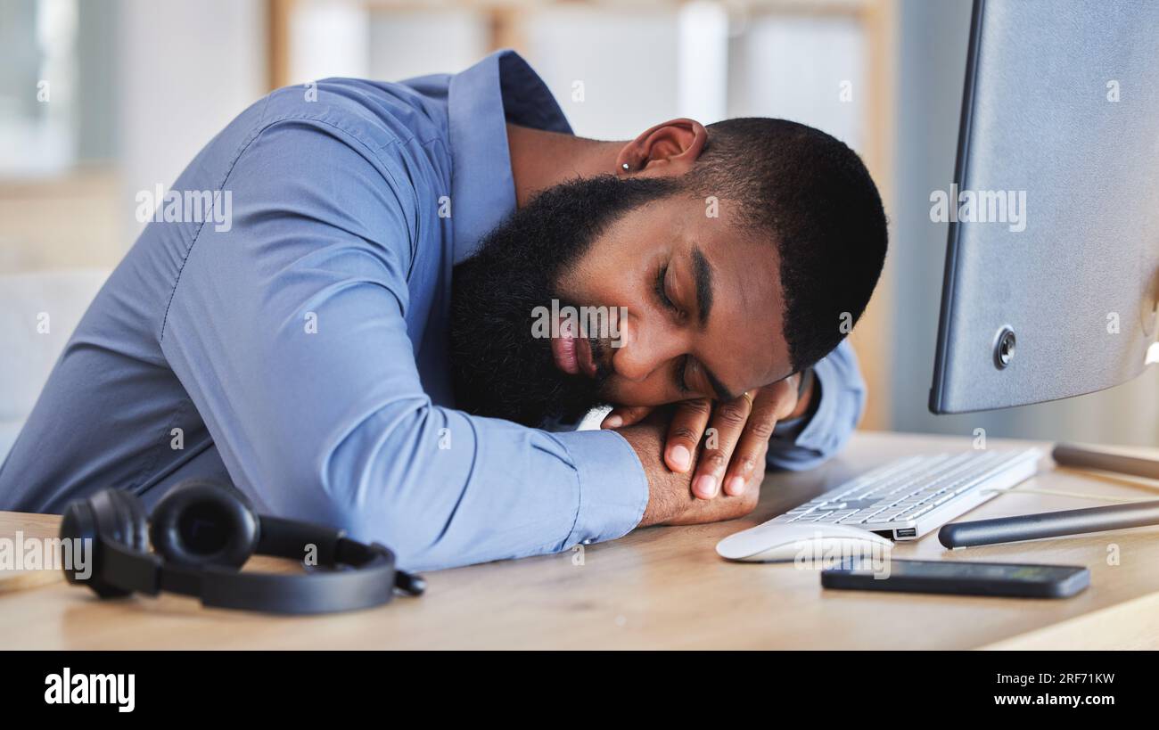 Call center, tired business man and sleeping at desk with burnout ...