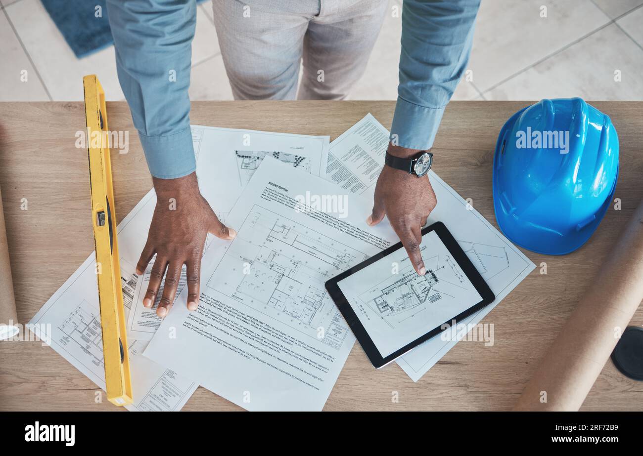 Engineering, person hands and blueprint planning, construction design ...