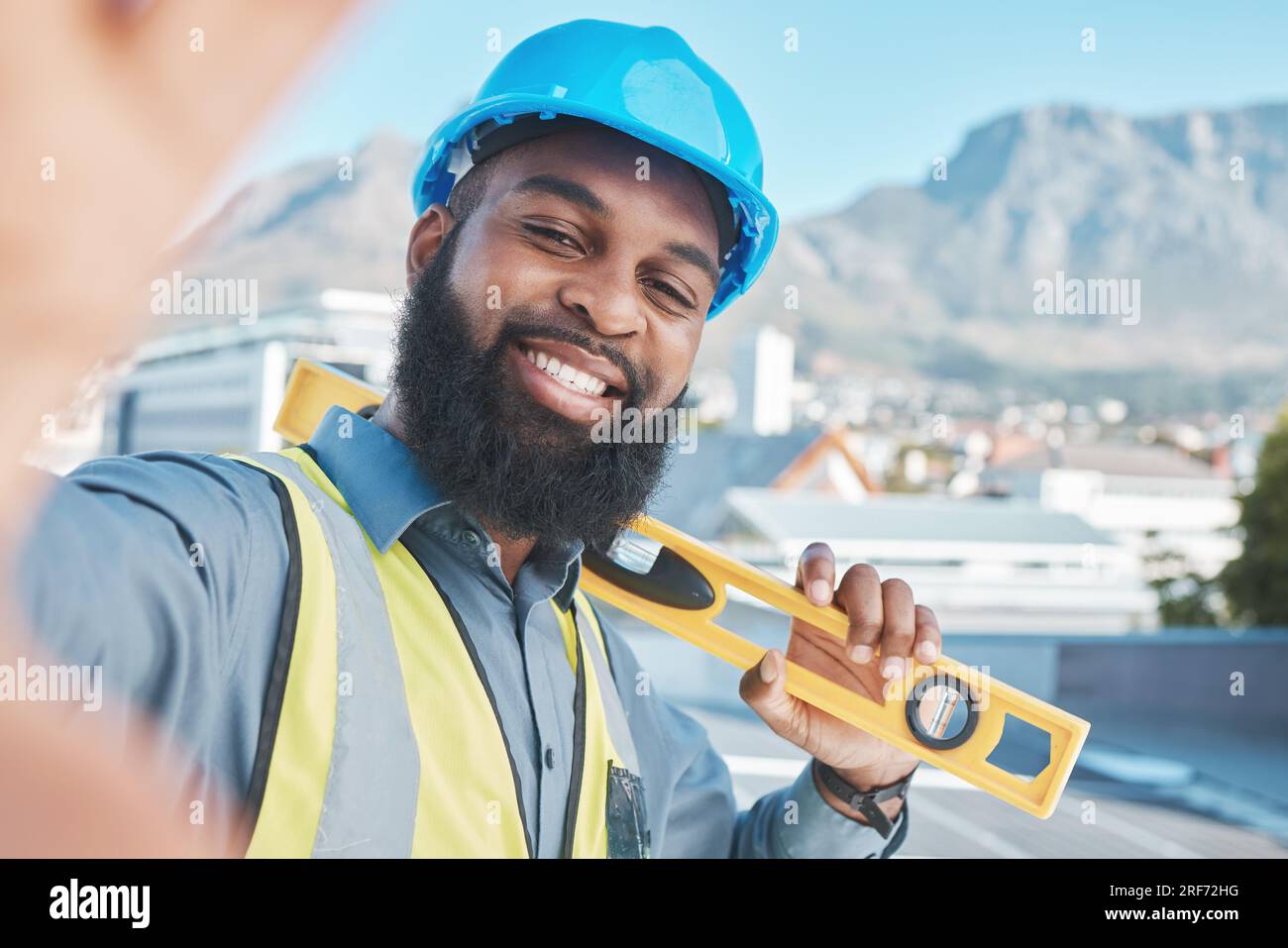 Construction, worker and selfie portrait of man in city for building ...