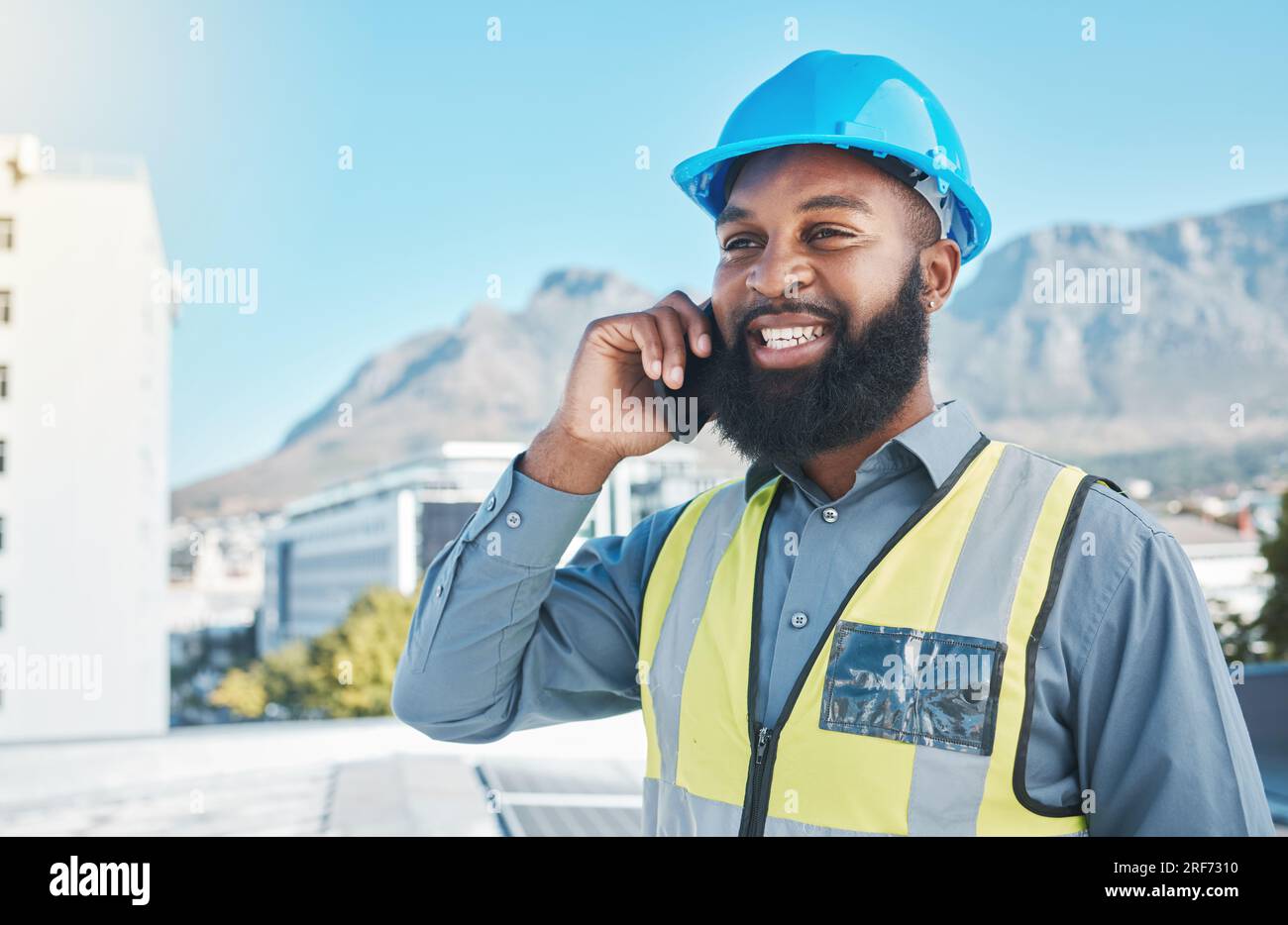 Man, construction worker and phone call in city for civil engineering ...