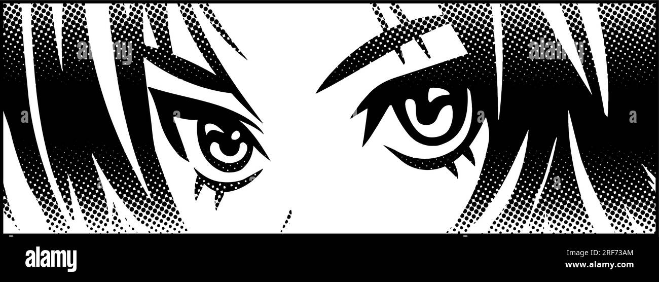 Look of a young boy in manga and anime style. Vector image. Black and ...