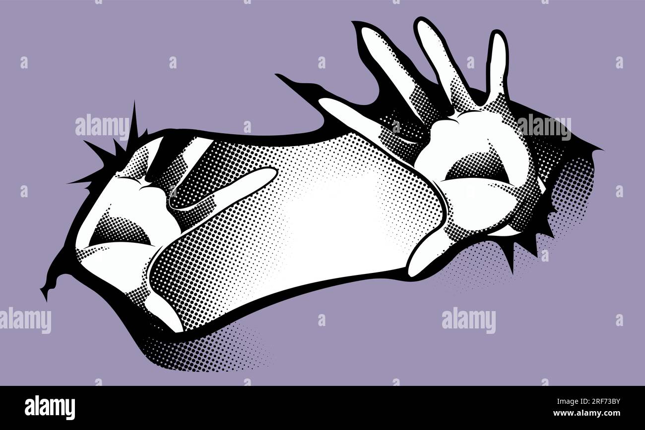 Hands reach out from the break in the wall. Vector drawing in manga and ...