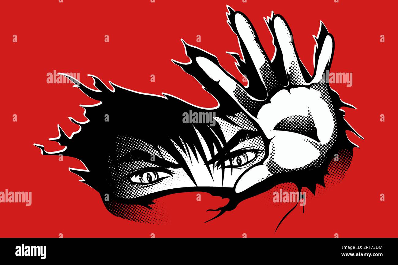 Look and hand of a man from a break in the wall. Vector drawing in ...