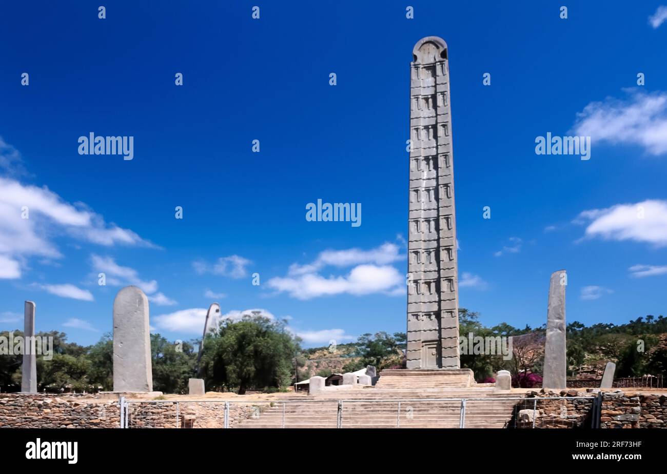 The obelisk in Axum, Ethiopia under clear blue sky Stock Photo - Alamy