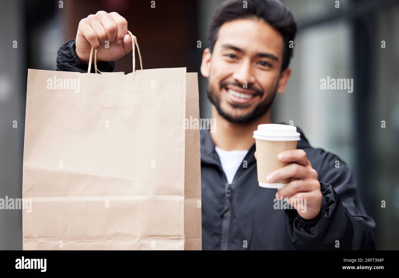 Breakfast delivery, portrait and a man with a coffee, food or ecommerce ...