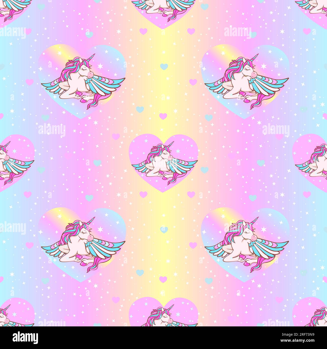 Rainbow seamless pattern with unicorns, and hearts on a holographic ...