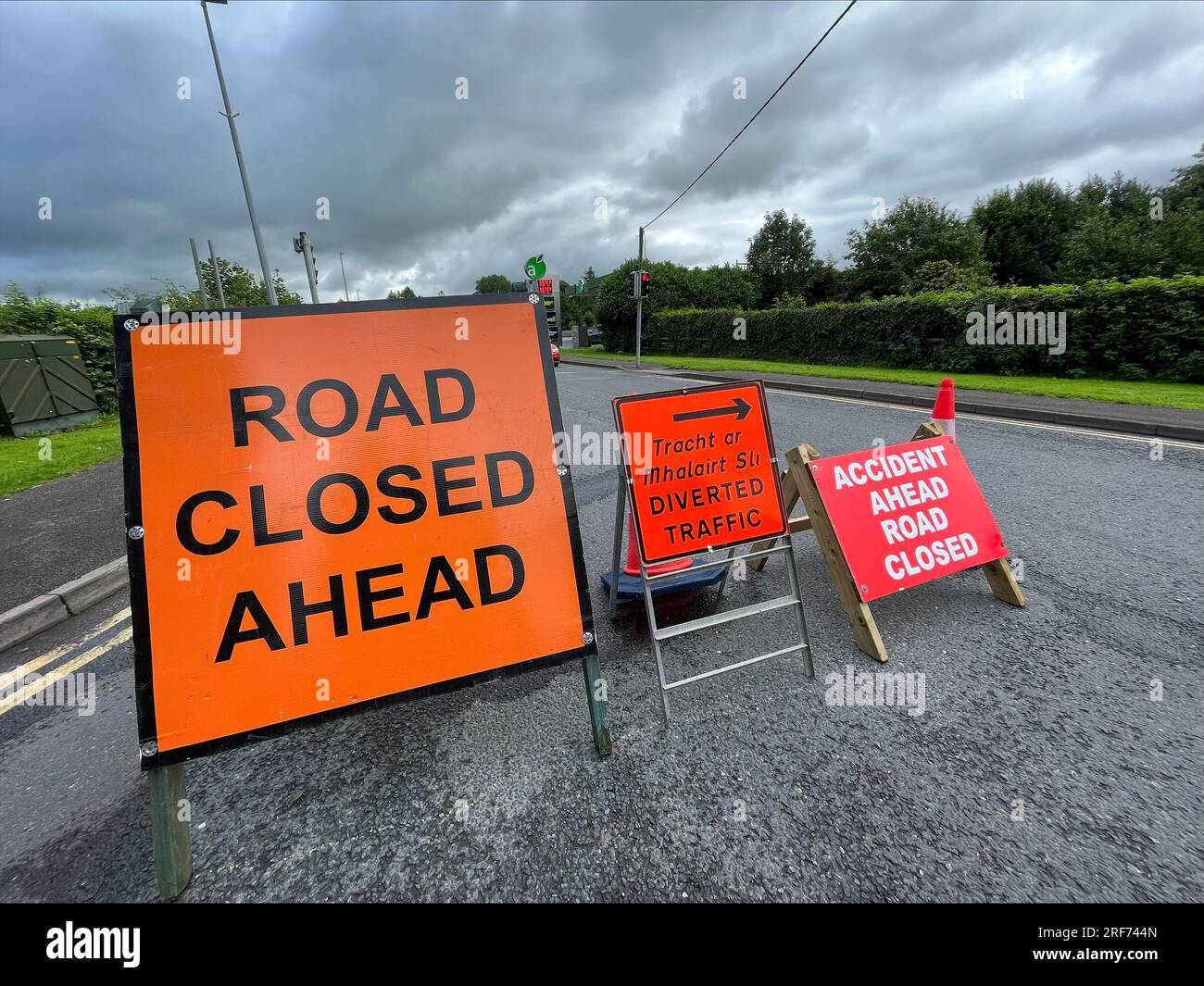 Road closure signs on the N54 outside Clones, Co. Monaghan. Two teenage ...