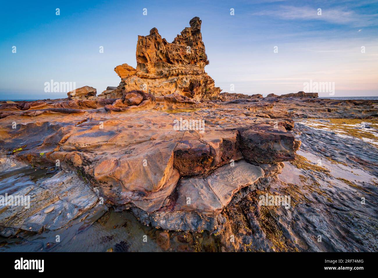 Low angles view of a coastal rock formation at Inverloch in Gippsland ...