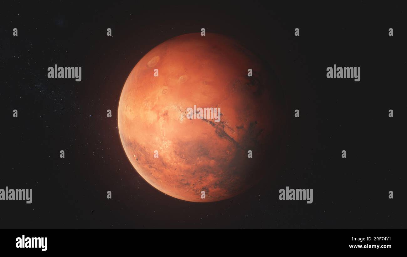 Realistic 3D animation of Mars rotating in dark outer space. Stars ...