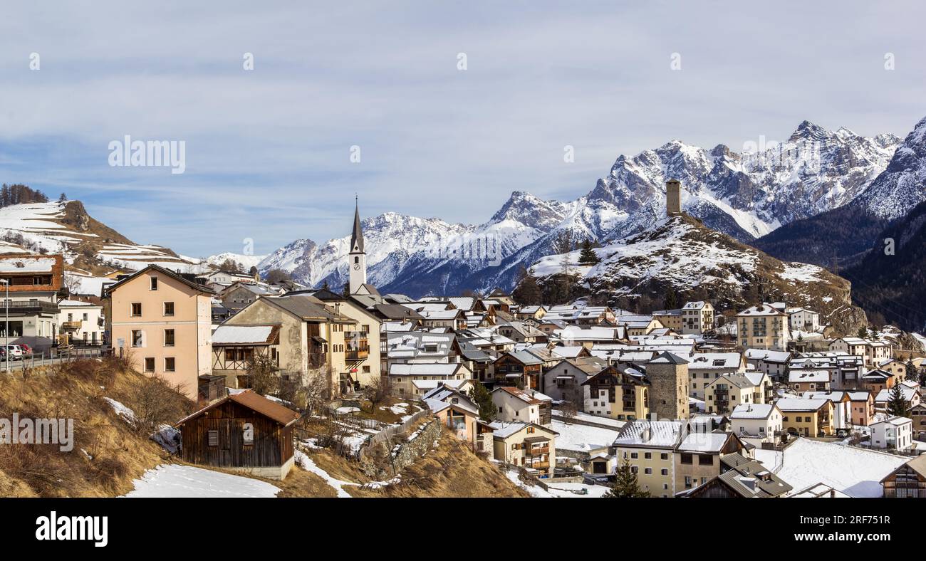 Ardez, Switzerland - January 27. 2022: Panorama of Ardez village with ...