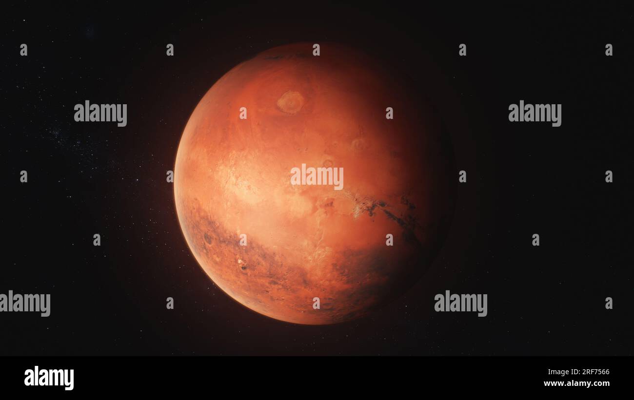 Realistic 3D animation of Mars rotating in dark outer space. Stars ...