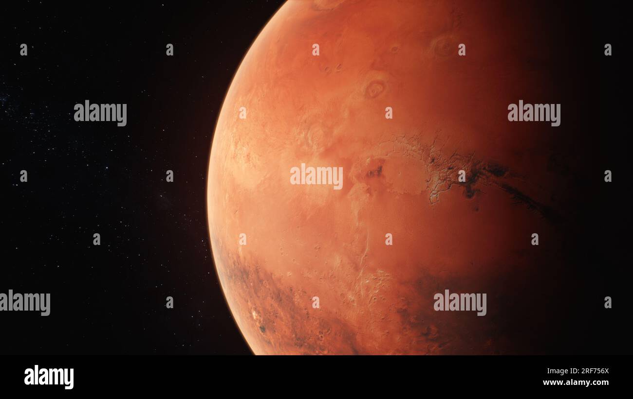 Realistic 3D animation of Mars rotating in dark outer space. Stars ...