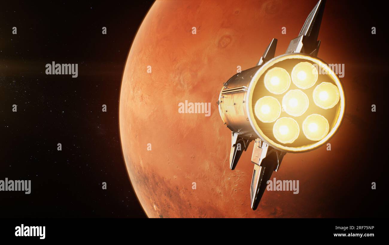 Realistic 3D animation of spaceship flying on Mars in dark outer space ...