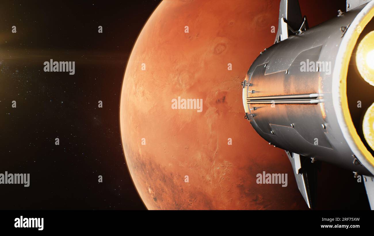 Realistic 3D animation of spaceship flying on Mars in dark outer space ...