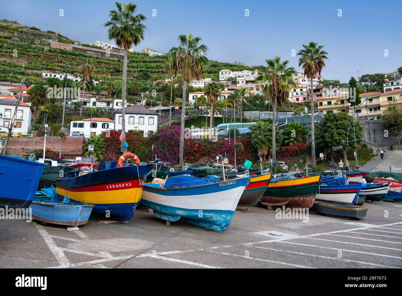 bunte Fischerboote im Hafen von Camara de Lobos, Funchal, Insel Madeira ...