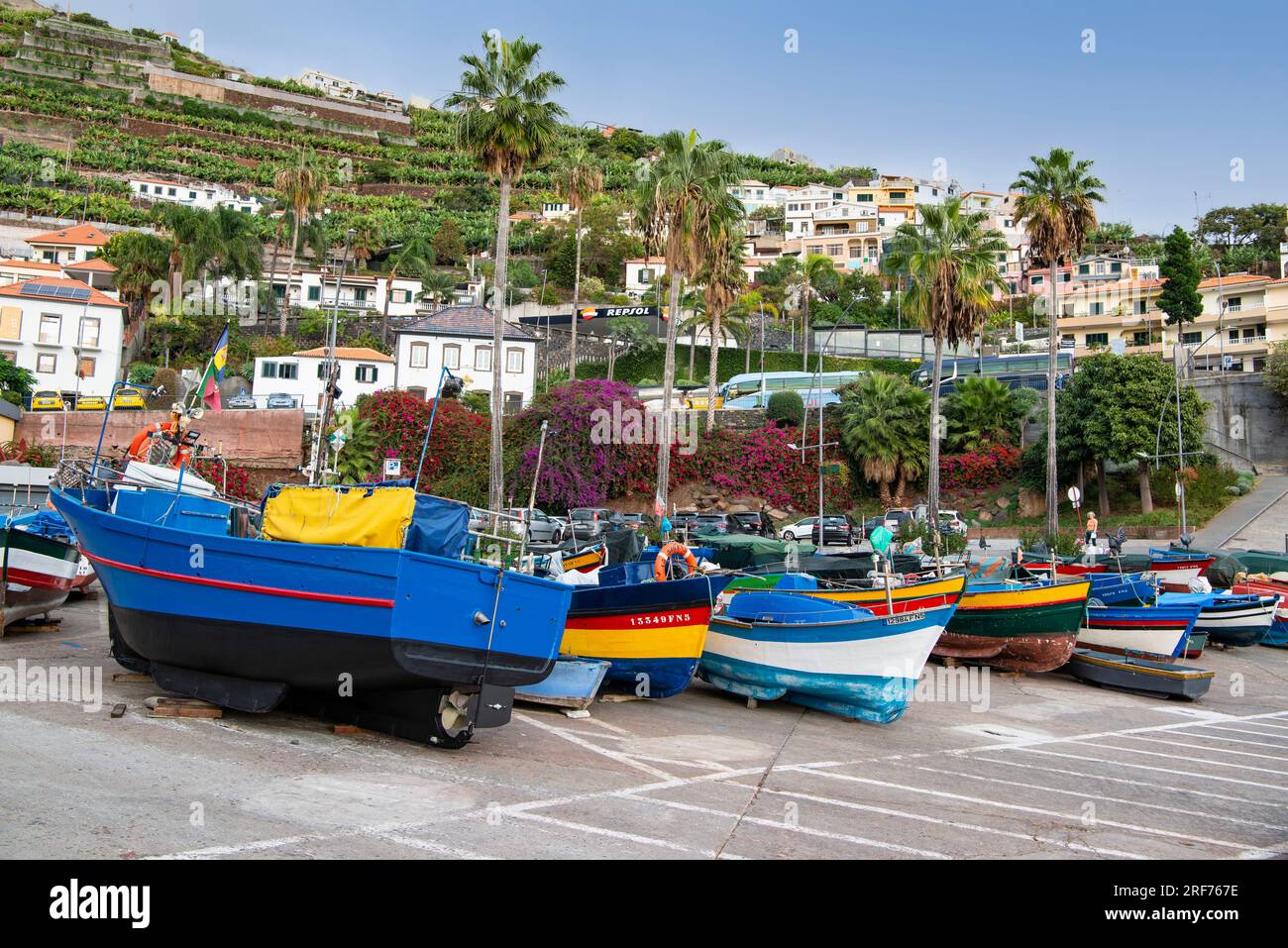 bunte Fischerboote im Hafen von Camara de Lobos, Funchal, Insel Madeira ...