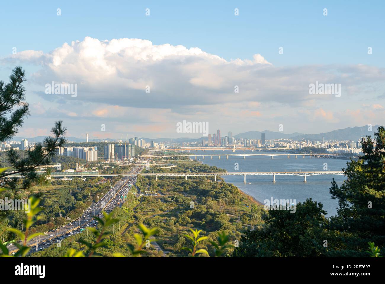 Panoramic view of Seoul city and Han river from Haengjusanseong ...