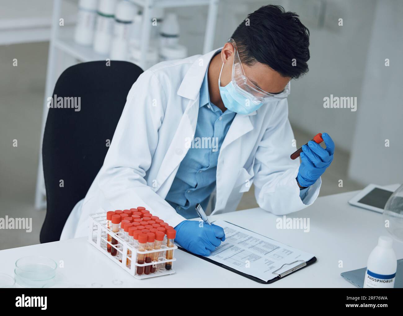Report, blood sample or scientist writing research for medical analysis ...