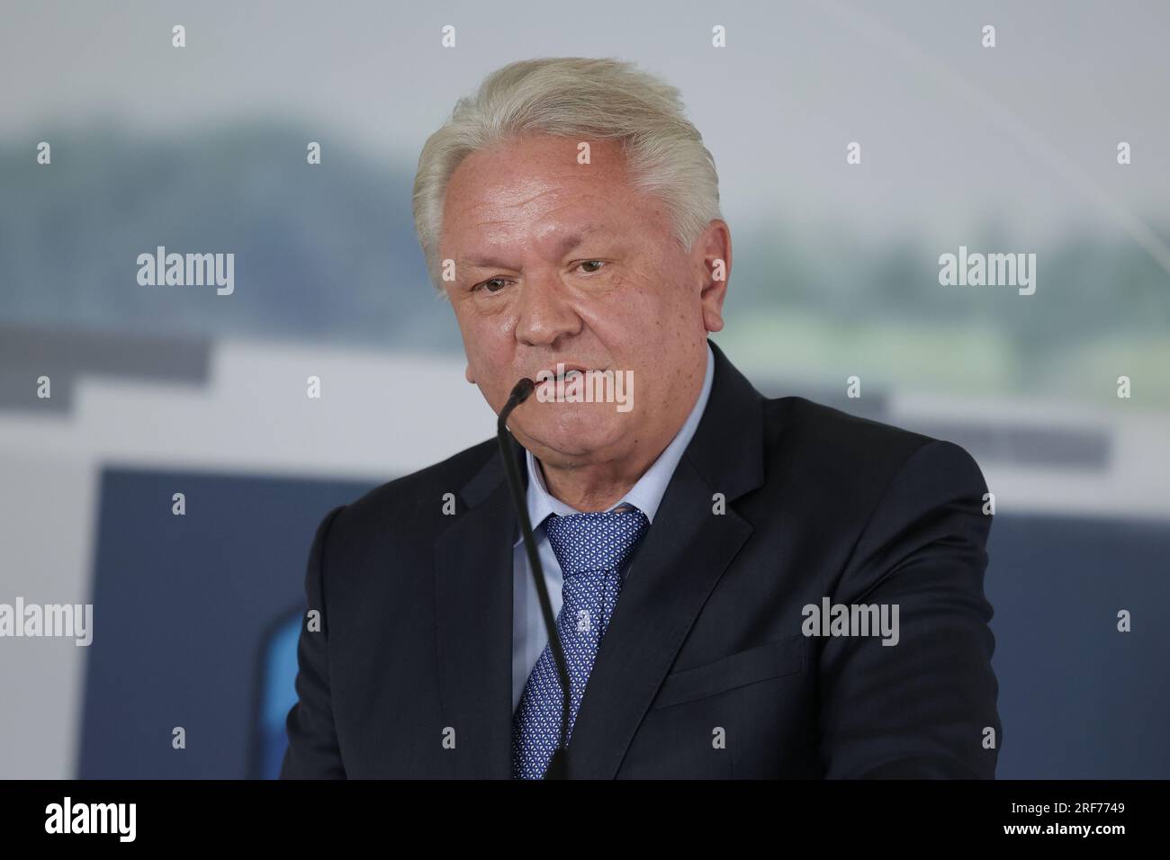 Weeze, Germany. 01st Aug, 2023. Rheinmetall CEO Armin Papperger speaks at the symbolic ...