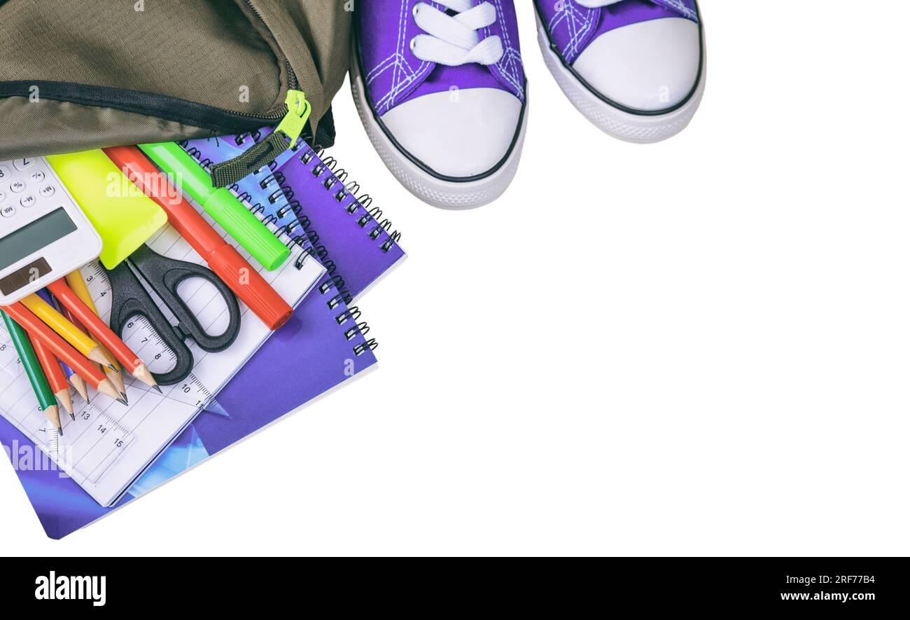 School supplies and a student backpack isolated, white background, top ...
