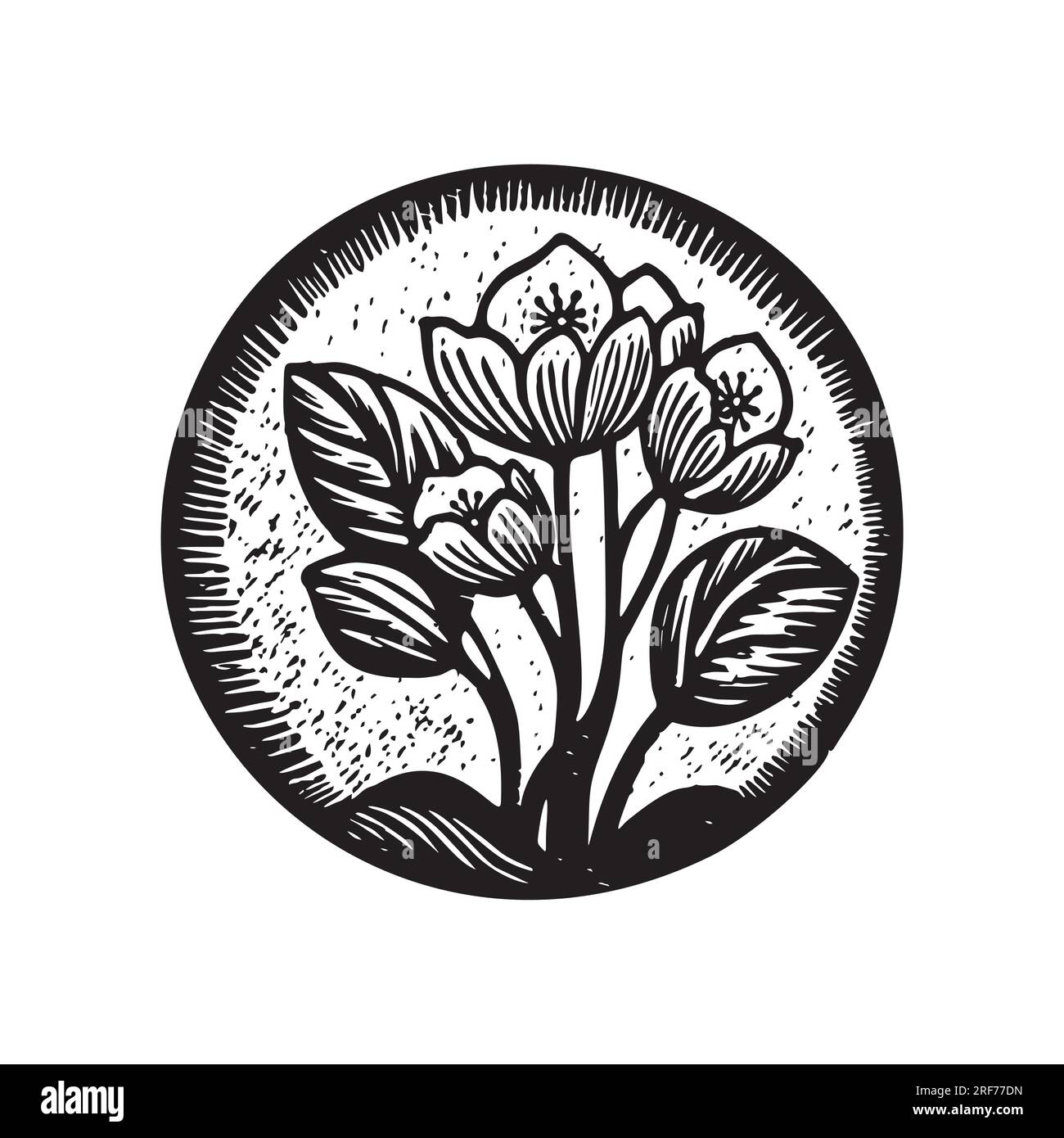 Nordic linocut floral in rustic circle motif for quirky print. Hand ...