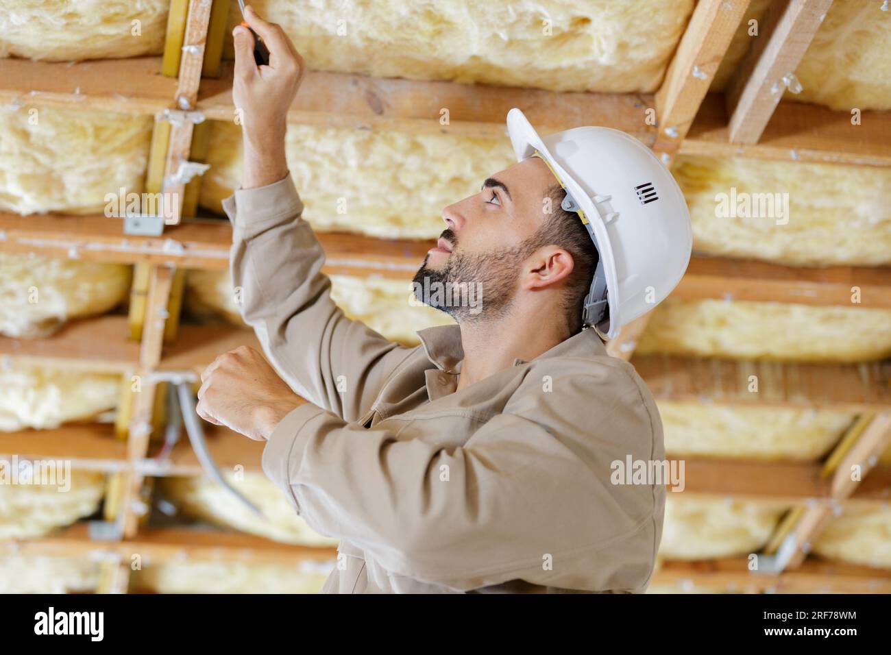 builder drives screws into ceiling Stock Photo - Alamy