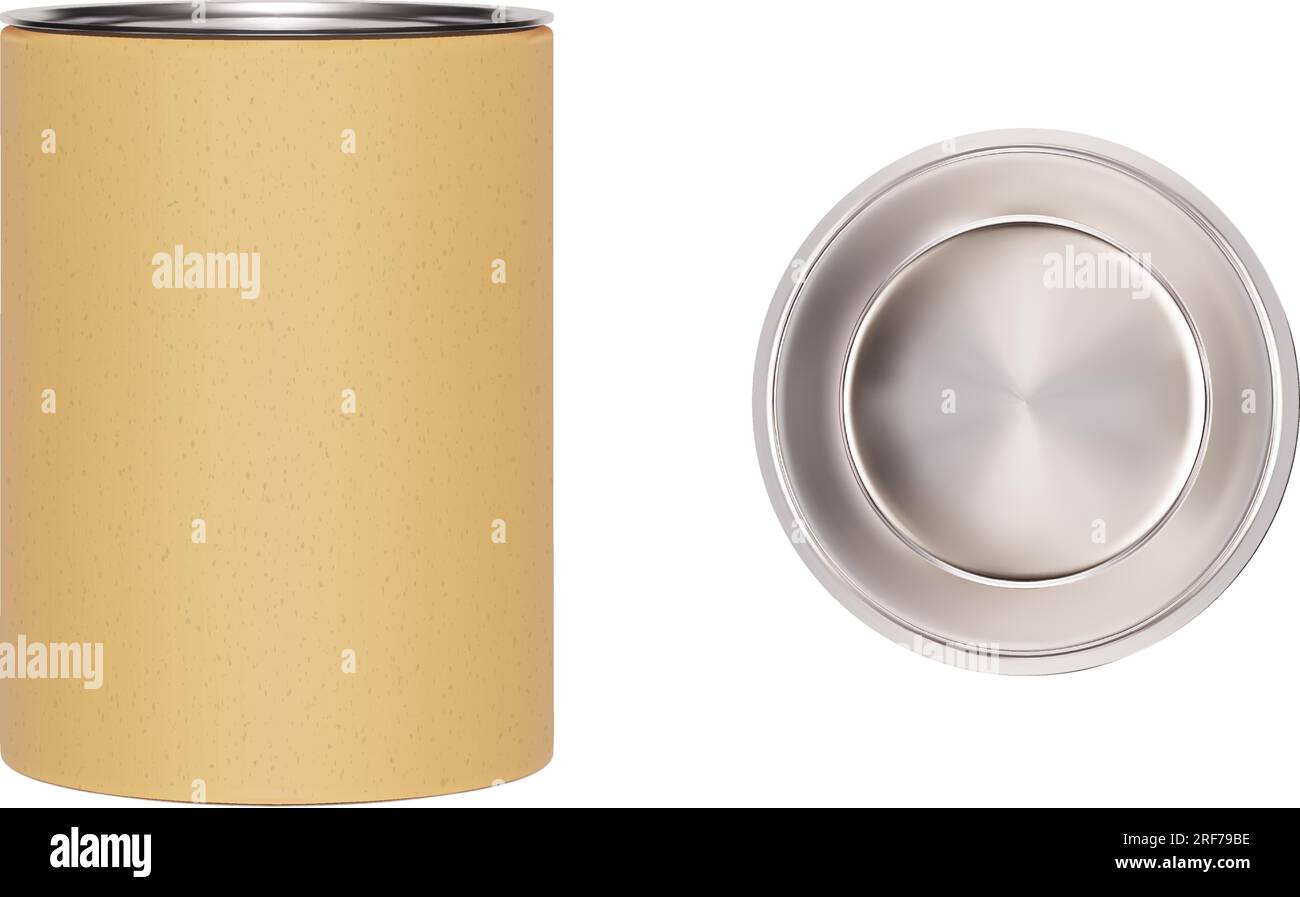 Realistic craft beige cylindrical cardboard box with silver lid ...